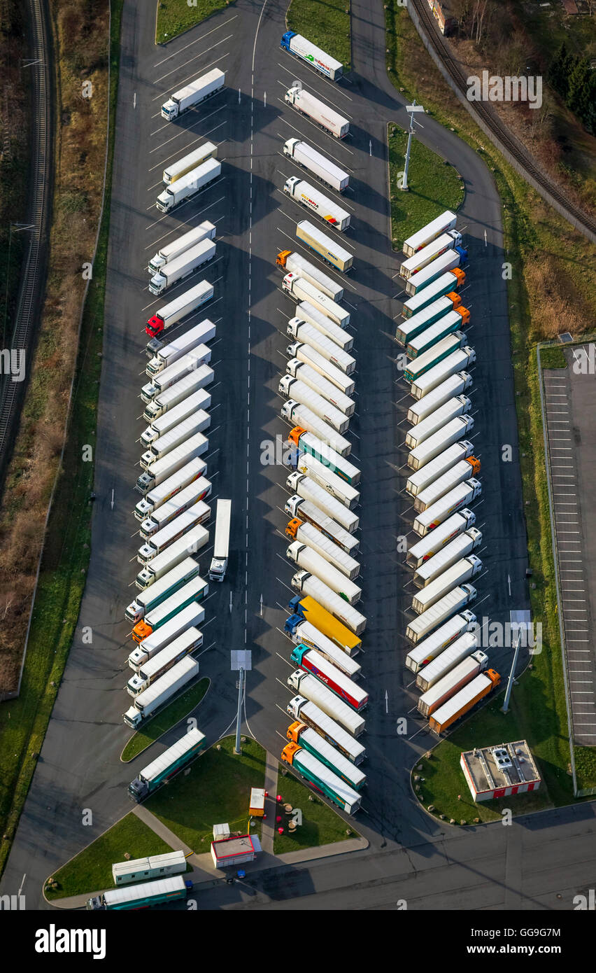 Aerial, Truck Parking in front of the logistics center Kaufland near ...