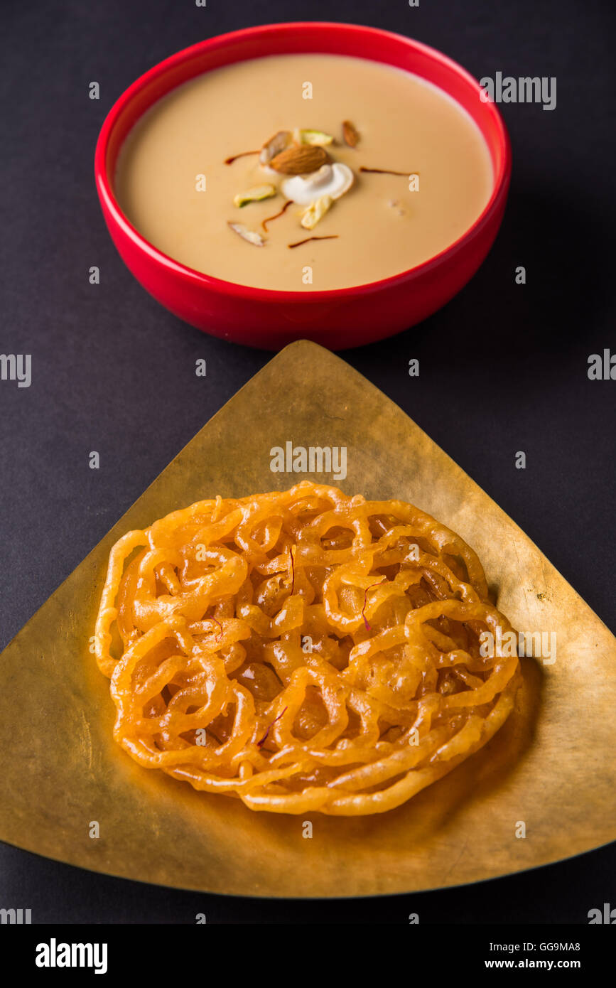 jilbi or jalebi or imarati with rabdi made from condensing milk, famous ...