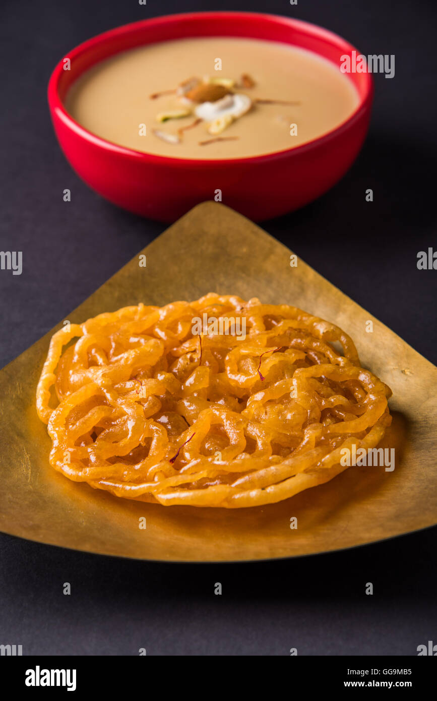 jilbi or jalebi or imarati with rabdi made from condensing milk, famous ...