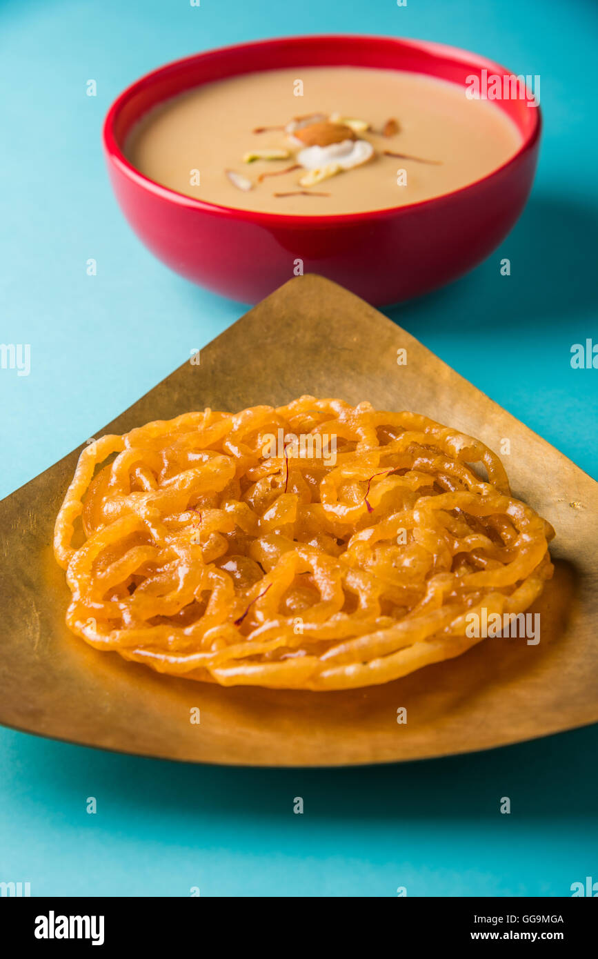 jilbi or jalebi or imarati with rabdi made from condensing milk, famous ...