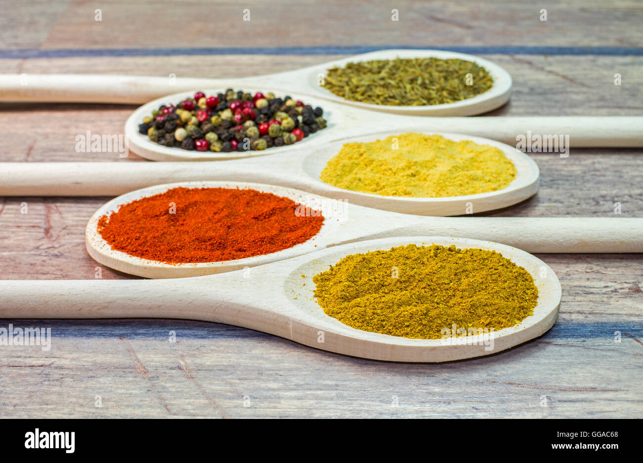 Variable colored exotic spices on wooden spoon Stock Photo - Alamy