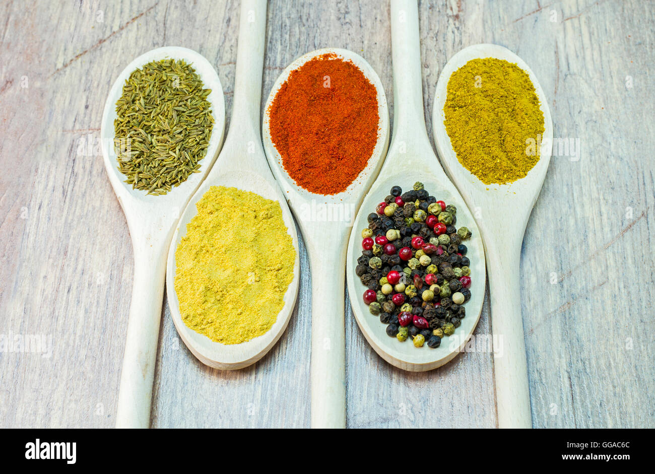 Variable colored exotic spices on wooden spoon Stock Photo - Alamy