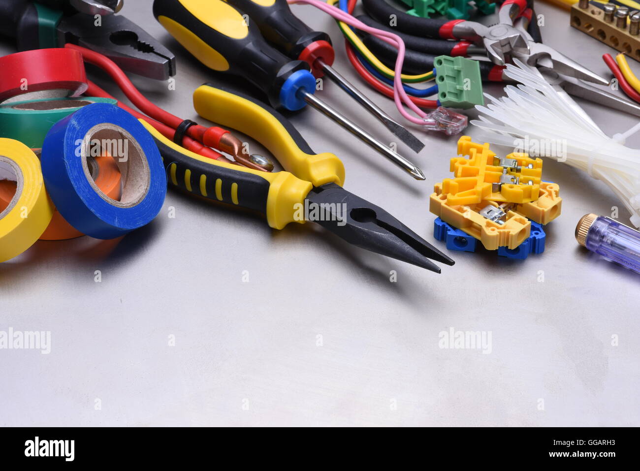 Tools and accessories used in electrical installations Stock Photo - Alamy