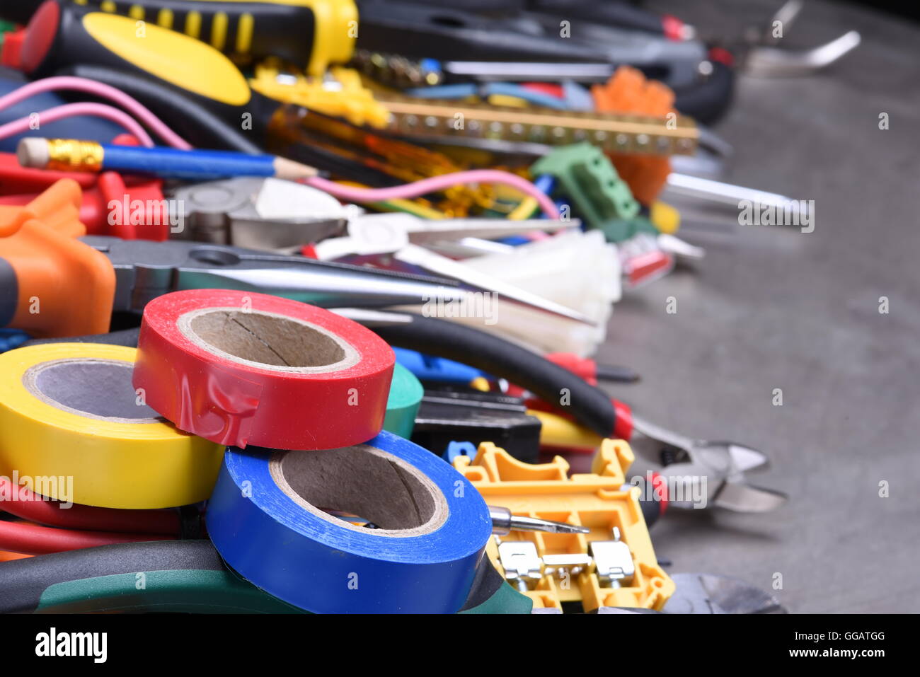 Tools and accessories used in electrical installations Stock Photo - Alamy