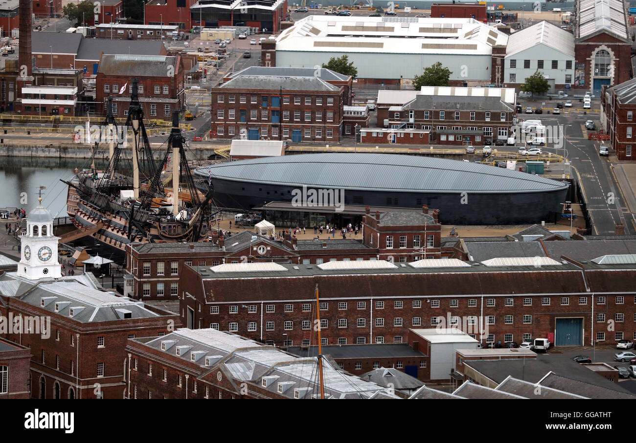 General view of HMS Victory next to the Mary Rose exhibition building ...