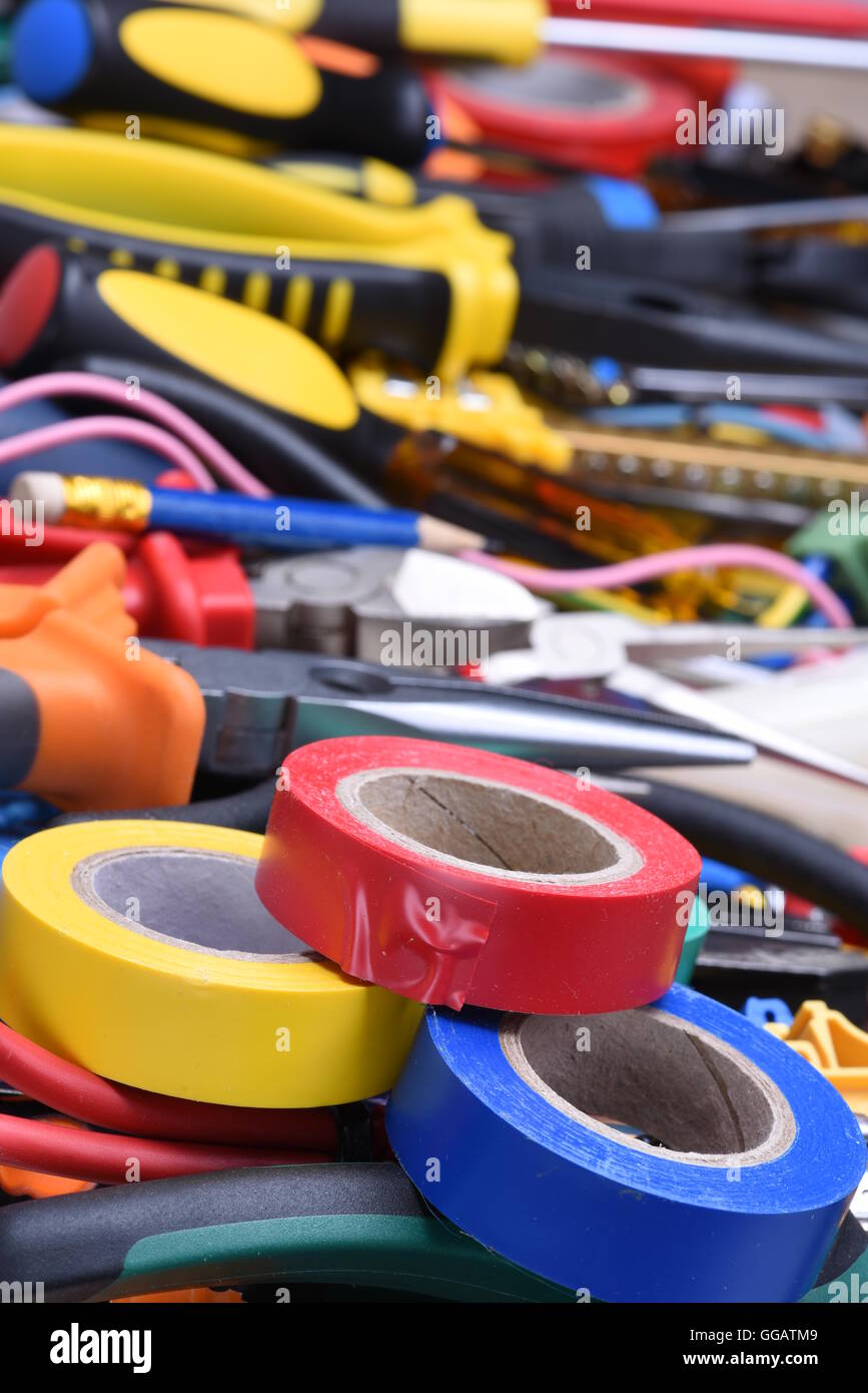 Tools and accessories used in electrical installations Stock Photo - Alamy