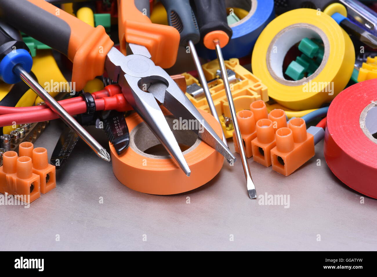 Tools and accessories used in electrical installations Stock Photo - Alamy