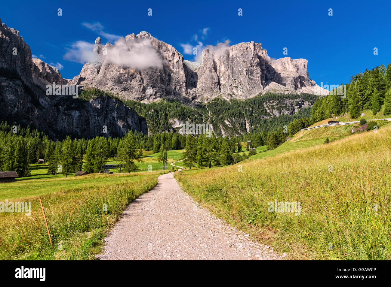 footpath in high Badia Valley, on background Sella mount, Alto Adige ...