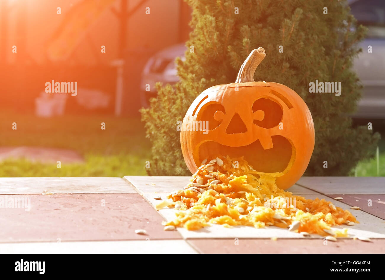 A pumpkin lantern with funny face vomit Stock Photo - Alamy
