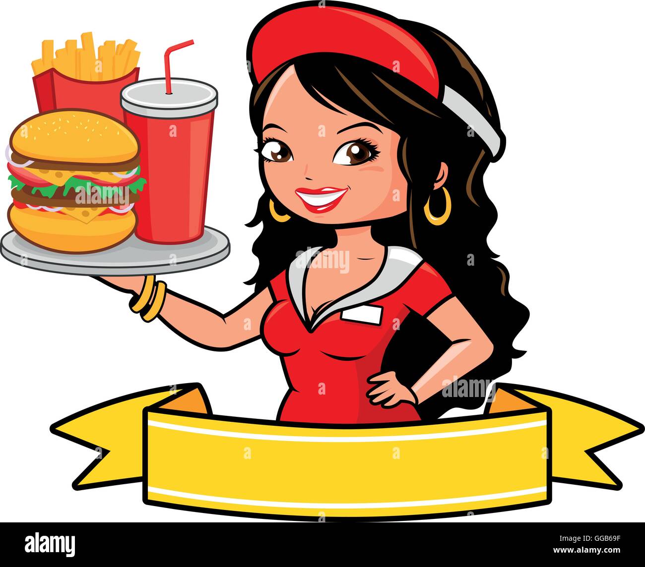 Fast food banner with a waitress serving a hamburger, fries and drink ...