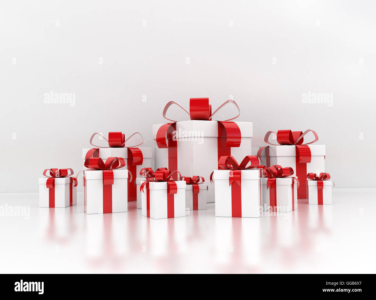 Gift boxes large group with red ribbon Stock Photo - Alamy