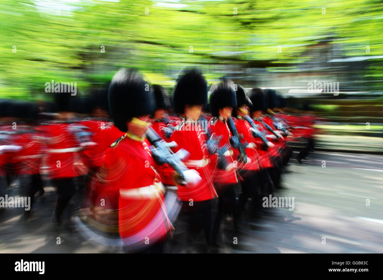 Guards marching near Buckingham Palace. Photographed using a slow ...