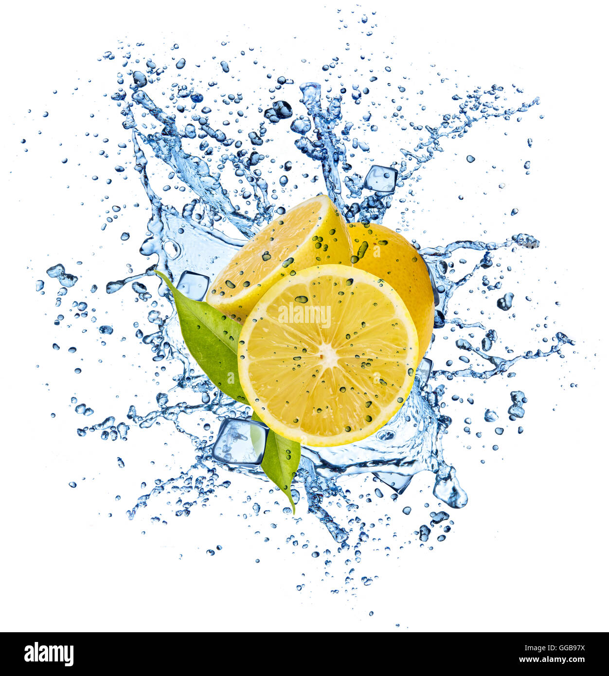 Pieces of lemons in water splash and ice cubes, isolated on white background Stock Photo - Alamy