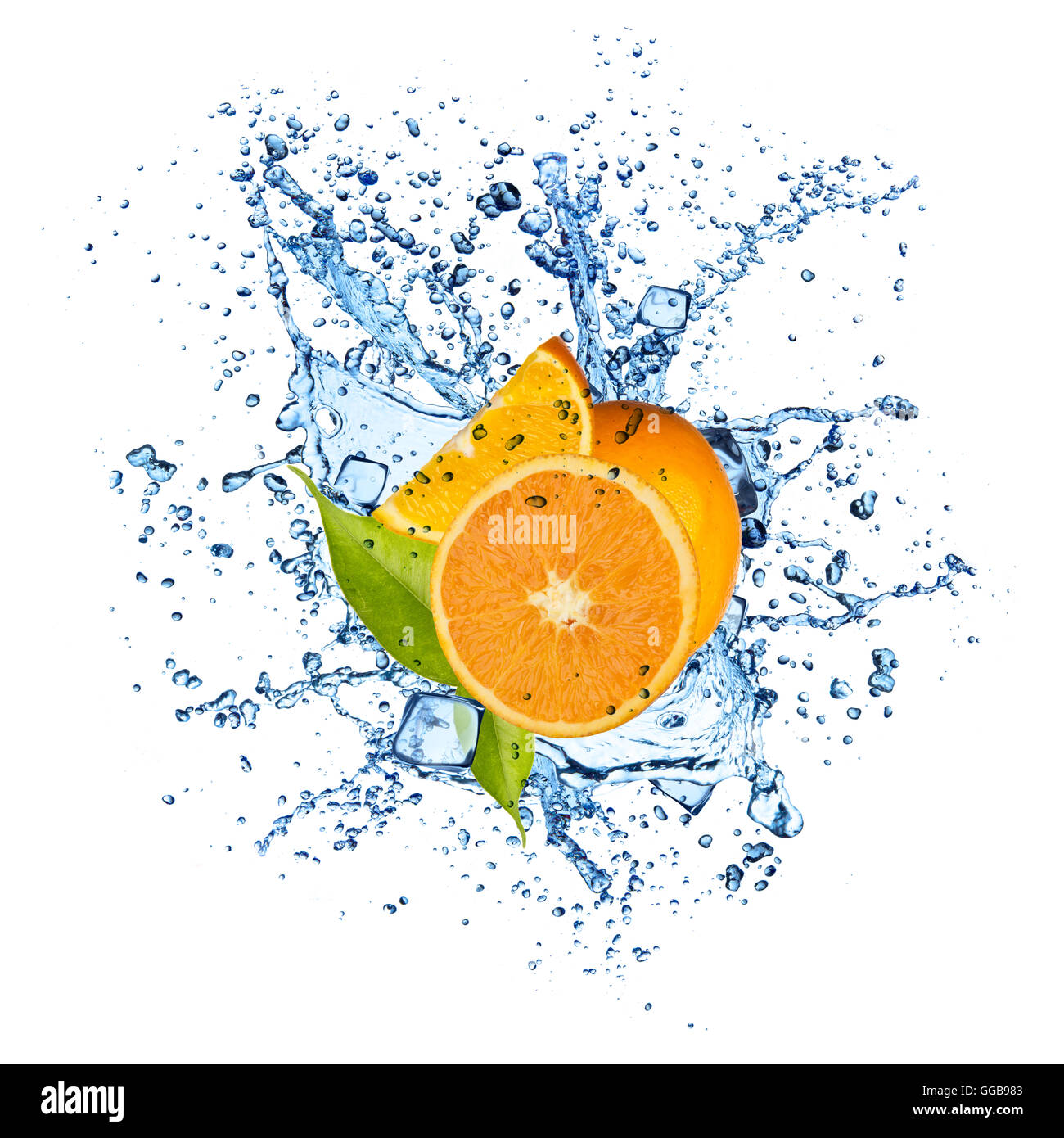 Pieces of oranges in water splash and ice cubes, isolated on white ...