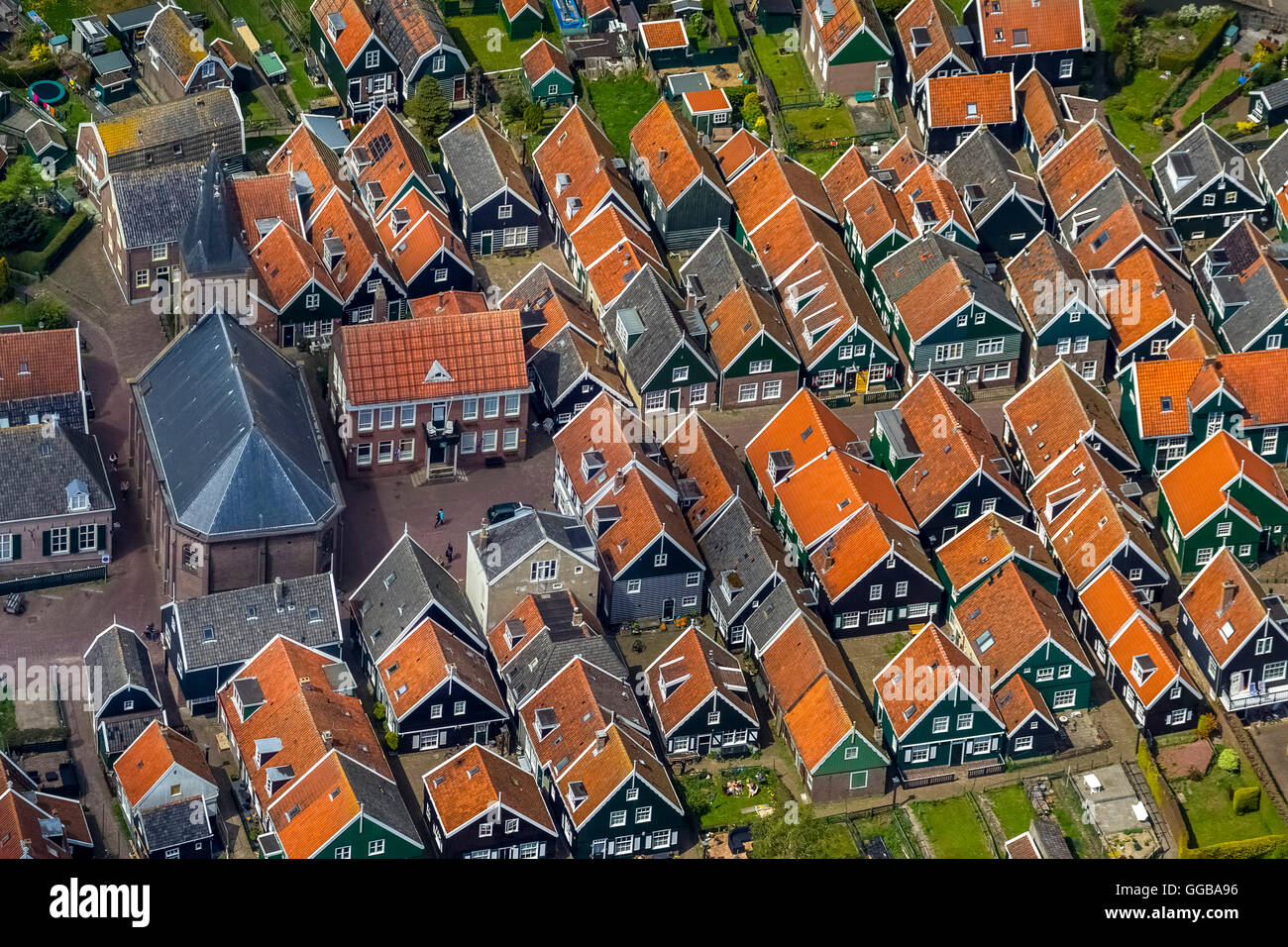 Aerial view, island of Marken, with small fishing houses and the town ...