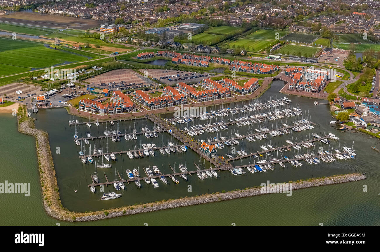 Aerial view, Volendam at the Markermeer, harbor Volendam, Marina ...