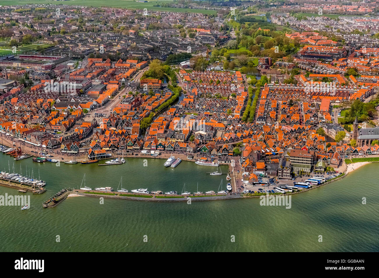 Aerial view, Volendam at the Markermeer, harbor Volendam, Marina ...
