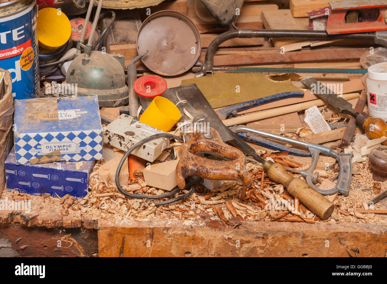 Tools scattered about in a woodworkers workshop Stock Photo - Alamy