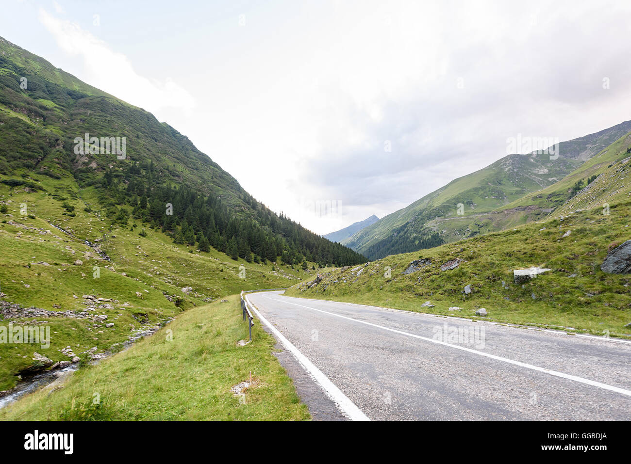 Photo of green capra peak, a road and a small river in fagaras ...