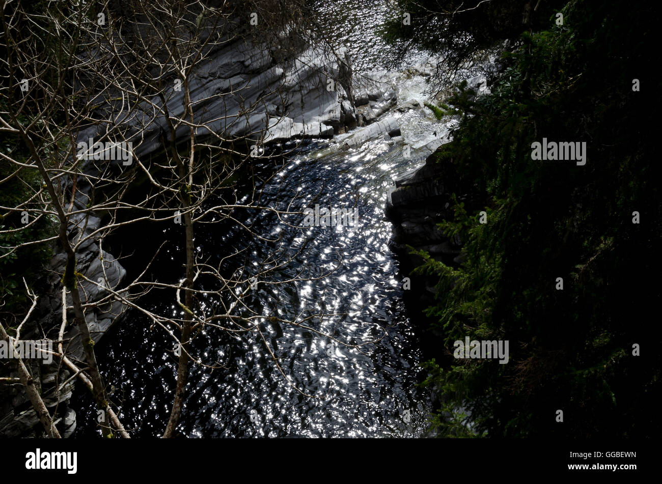 The sun sparkling on the surface of the river (Bruar Water) at the ...