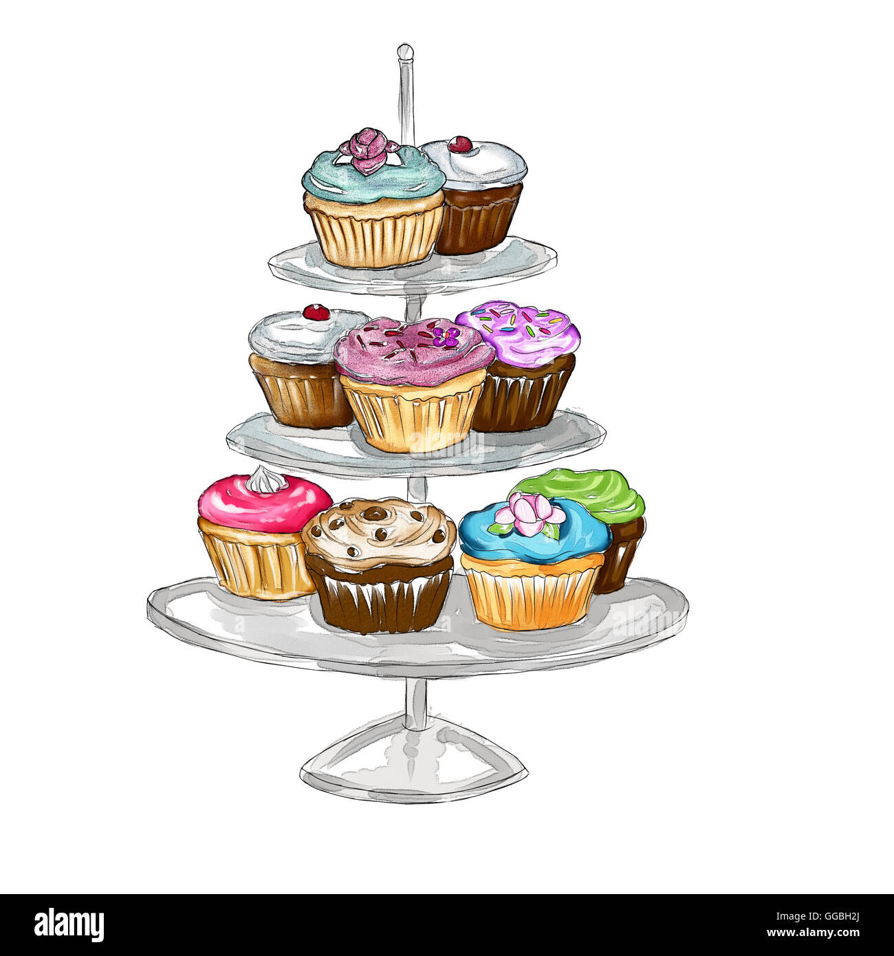 Watercolor Illustration on cupcakes on a cake stand Stock Photo - Alamy