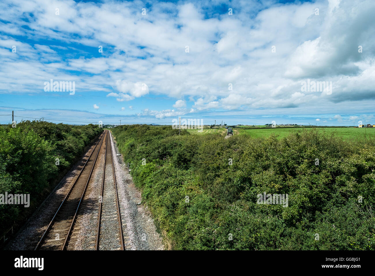 Anglesey train track through the island, North Wales, near to Ty Croes ...