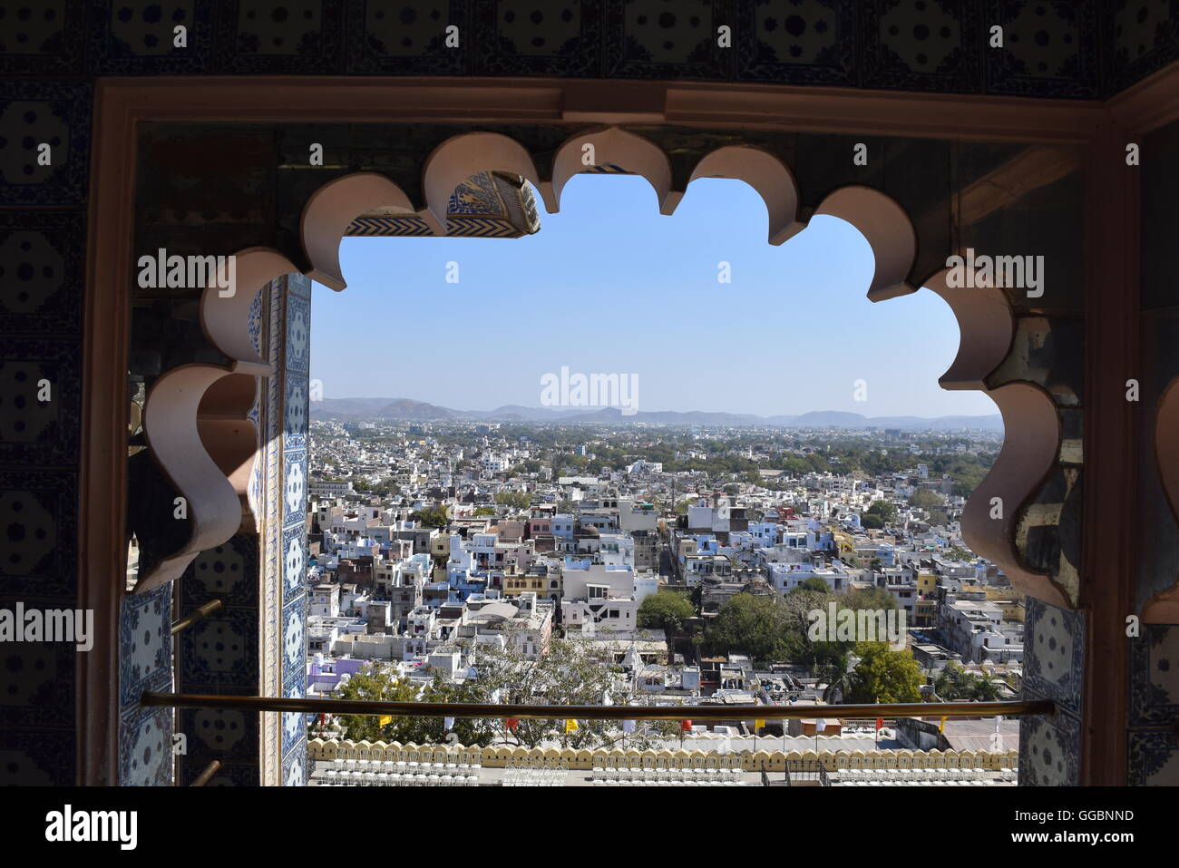 Aerial view of Udaipur from a window in City Palace, Rajasthan, India ...