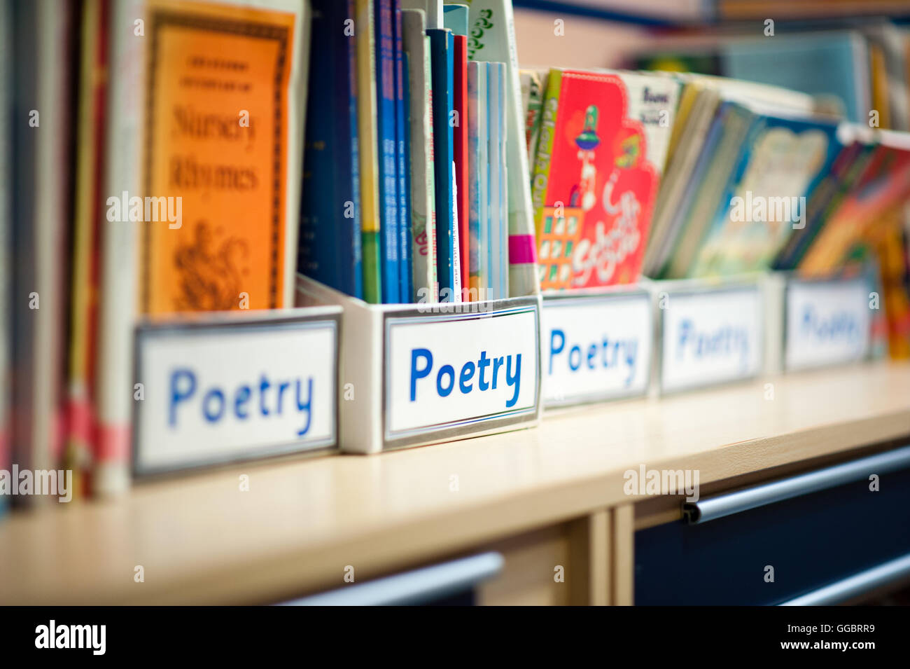 Primary school poetry books on shelves in the library for children to ...