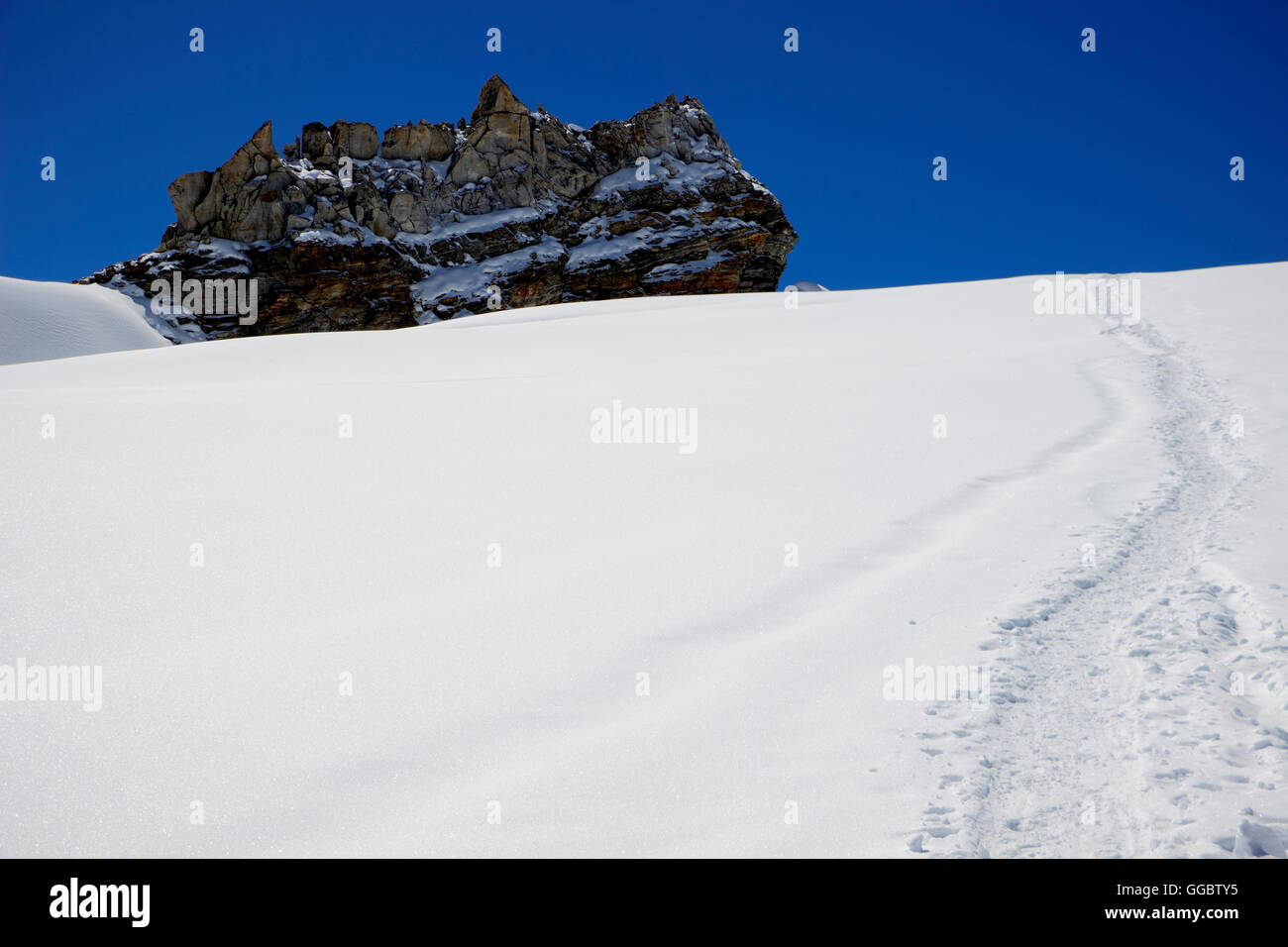 Clear day of Climbers' tracks in snow fields on route up high camp ...