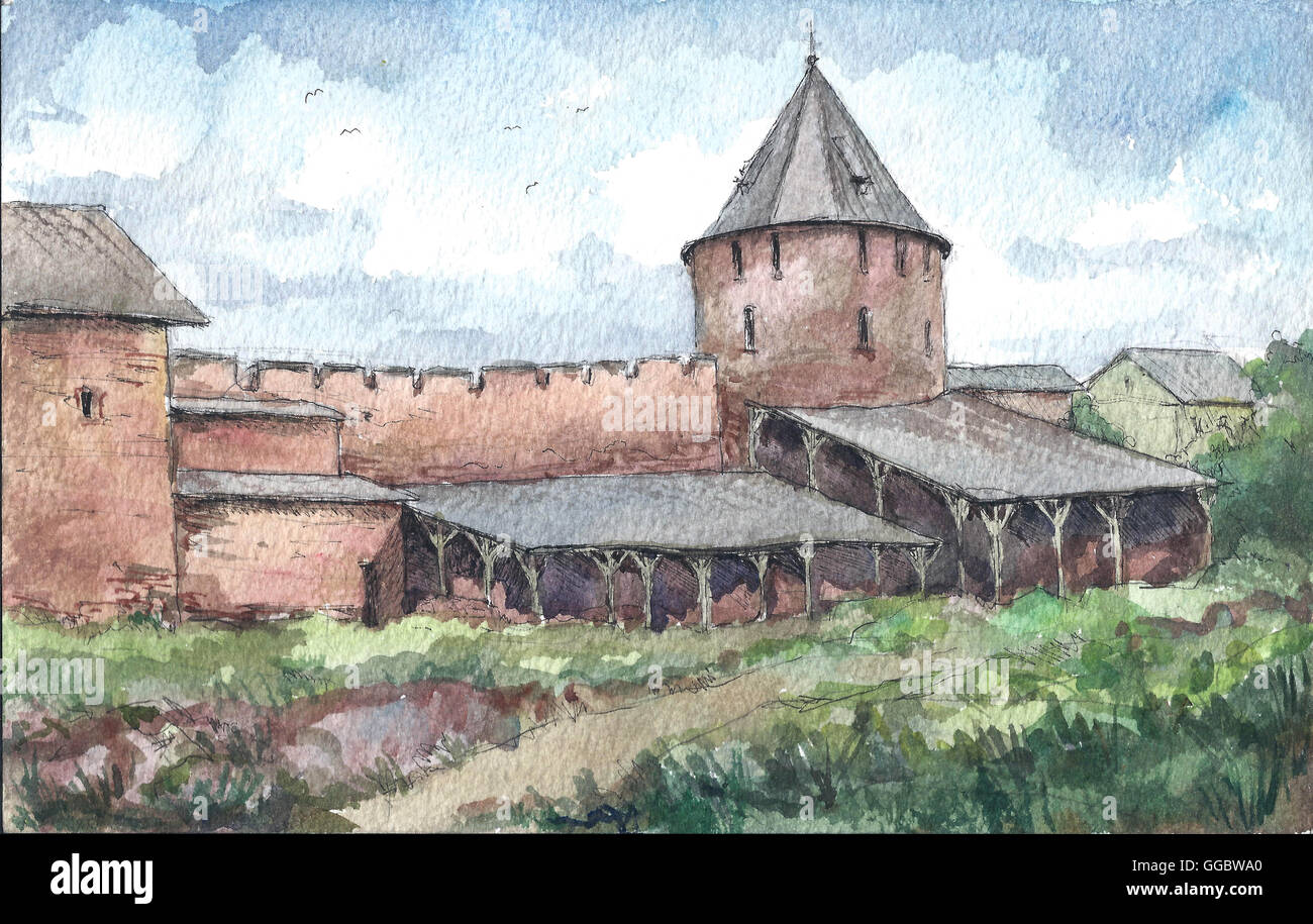 Wall of the monastery, watercolor Stock Photo - Alamy
