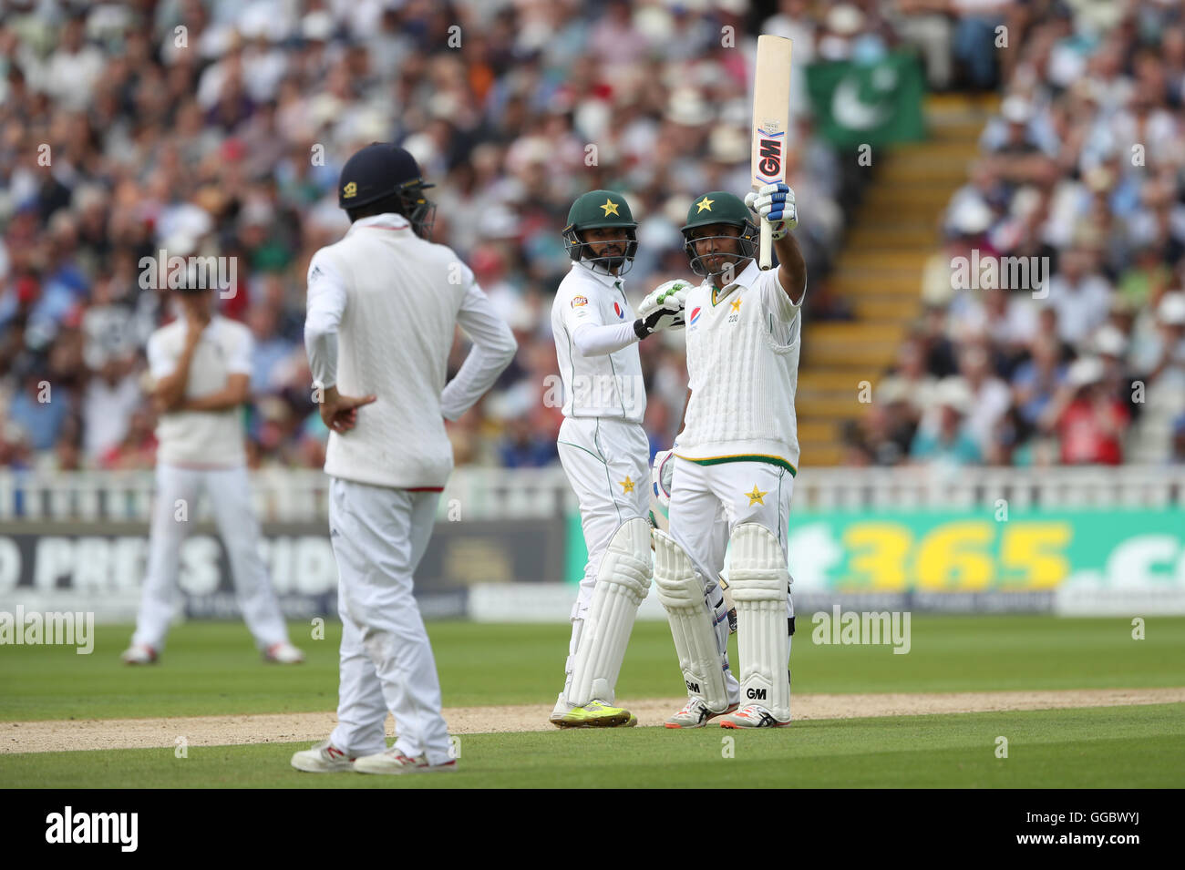 Pakistan's Sami Aslam (right) celebrates his 50 not out with Azhar Ali ...