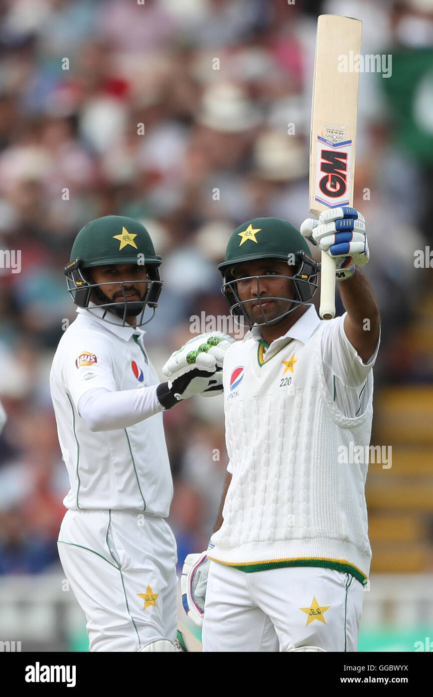 Pakistan's Sami Aslam (right) celebrates his 50 not out with Azhar Ali ...