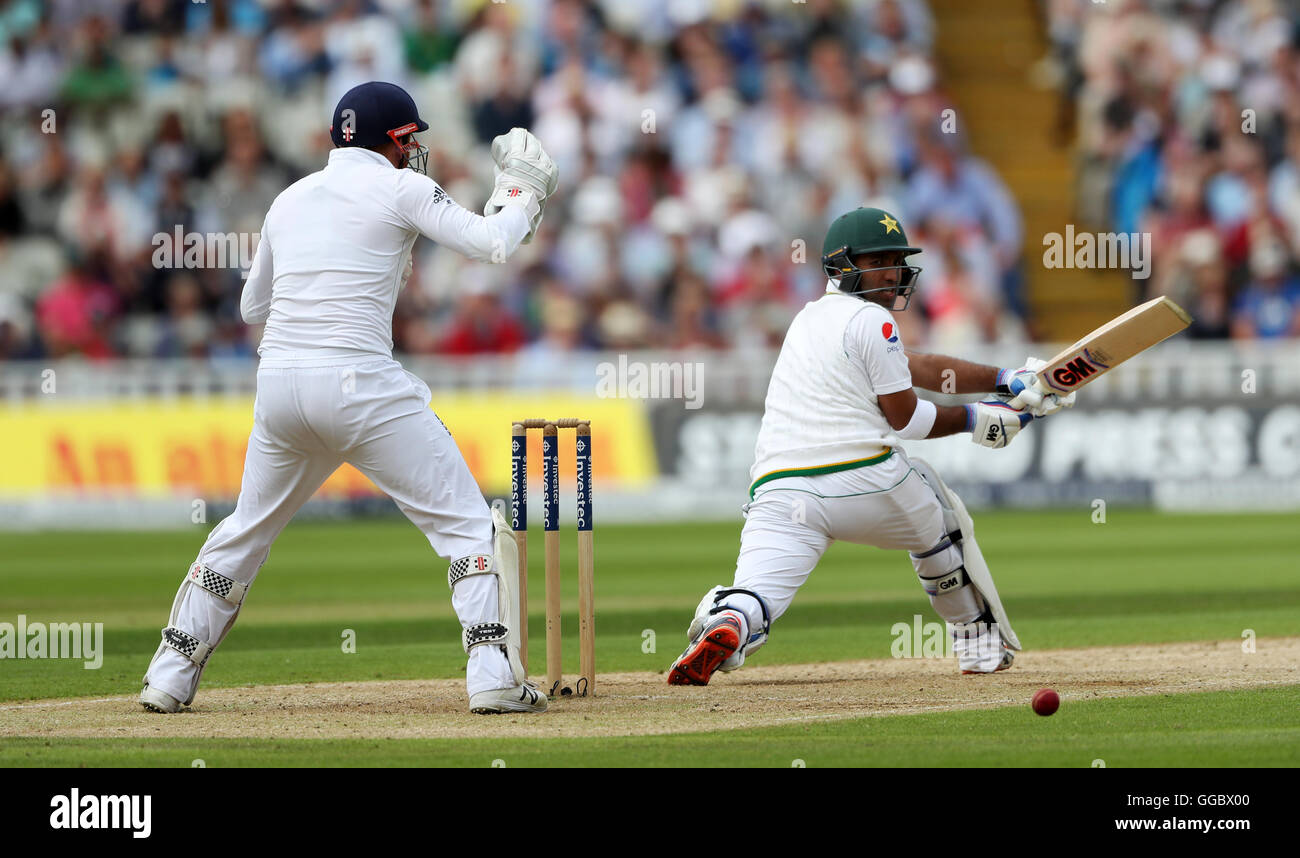 Pakistan's Sami Aslam hits the final runs to reach 50 not out off ...
