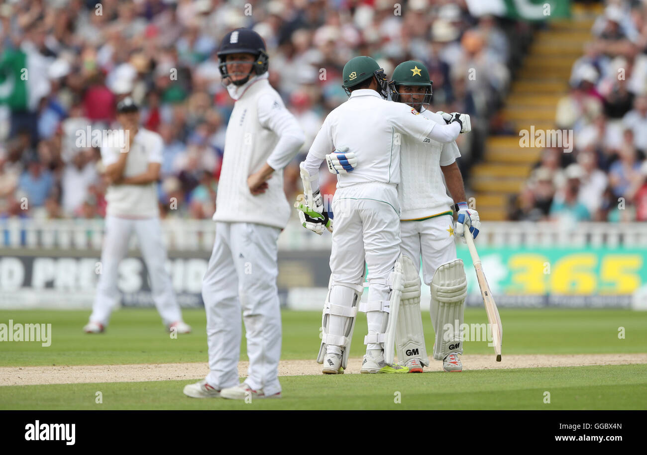 Pakistan's Sami Aslam (right) celebrates his 50 not out with Azhar Ali ...