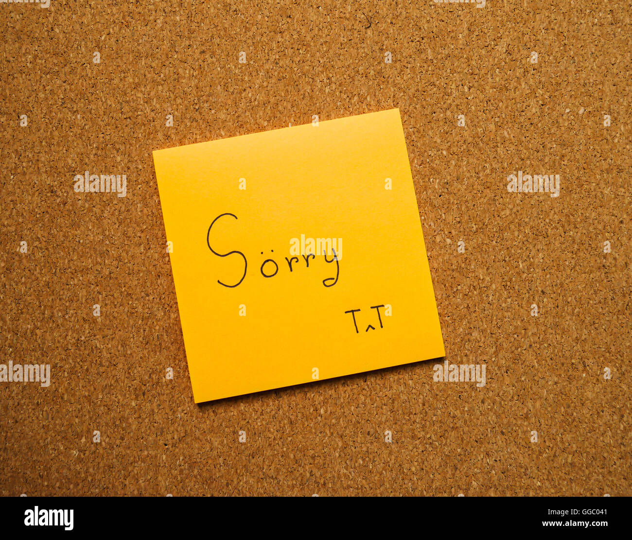 Text sorry and crying face in orange post note attach on wood board ...