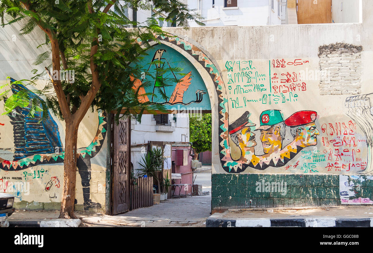 Egypt, Cairo, graffiti of the Egyptian revolution. This winged legged ...