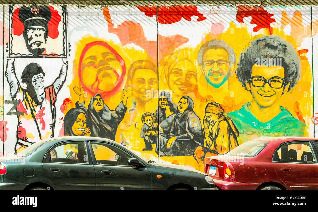 Egypt, Cairo, graffiti of the Egyptian revolution, a monkey holds the ...