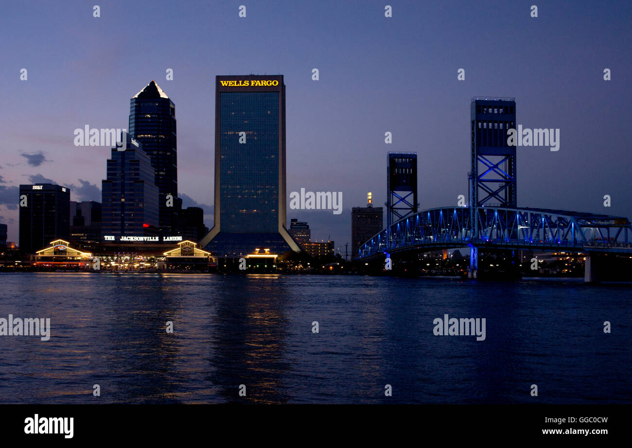 Jacksonville, Florida skyline and bridge at dusk as seen from the ...