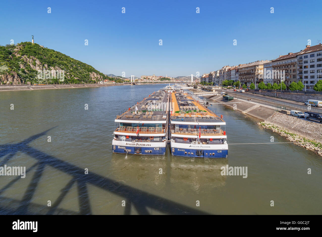 The River Danube Cityscape in Budapest with cruise boats in dock Stock ...