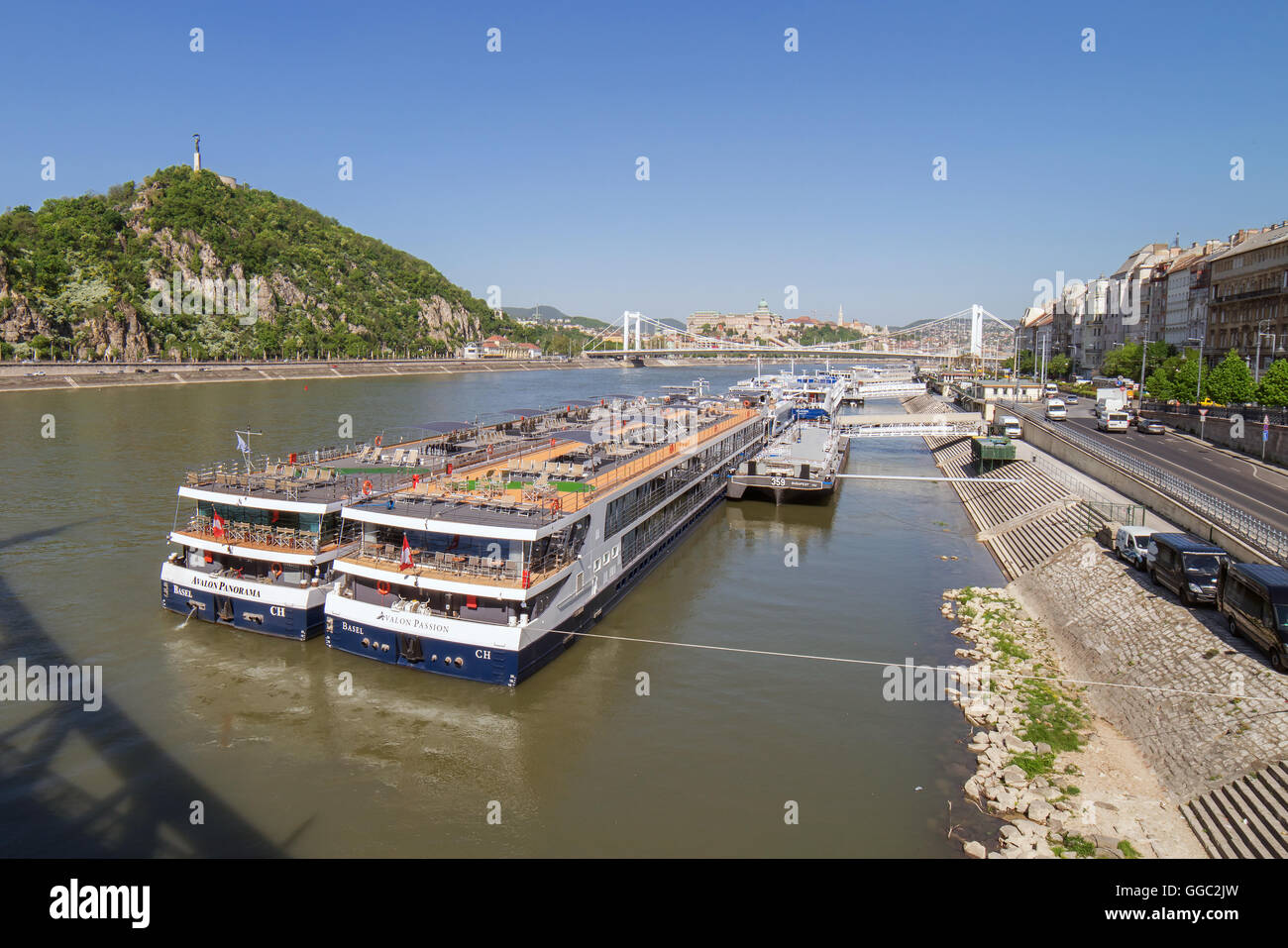 The River Danube Cityscape in Budapest with cruise boats in dock Stock ...