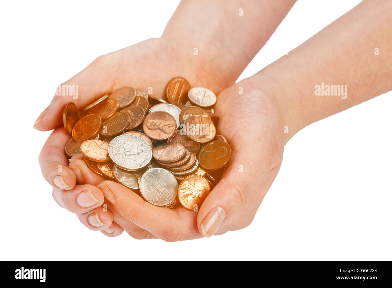 Gold coins in hands hi-res stock photography and images - Alamy