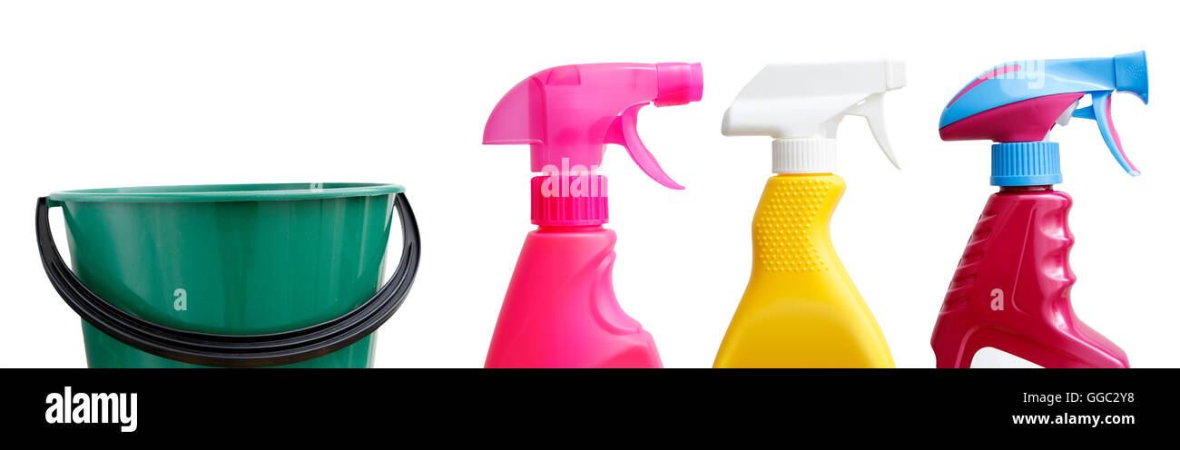 Three spray bottles and bucket Stock Photo - Alamy