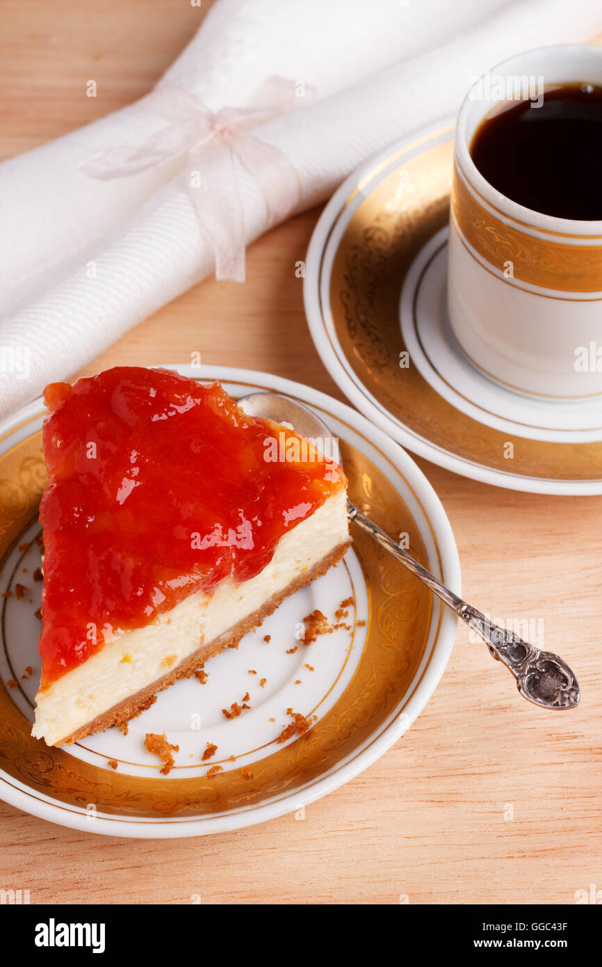 Cheesecake with brazilian goiabada jam of guava on white gold vintage ...