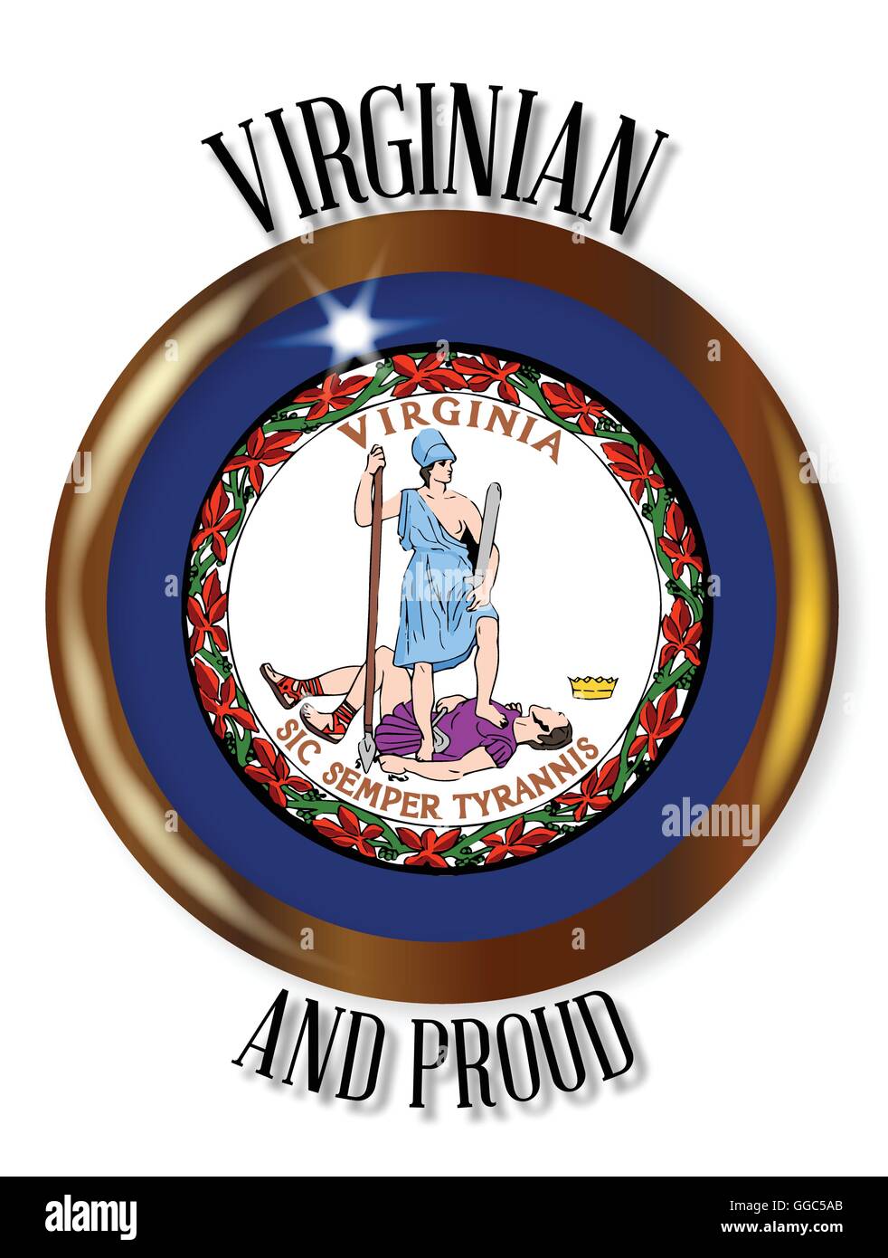 Virginia state flag button with a gold metal circular border over a ...