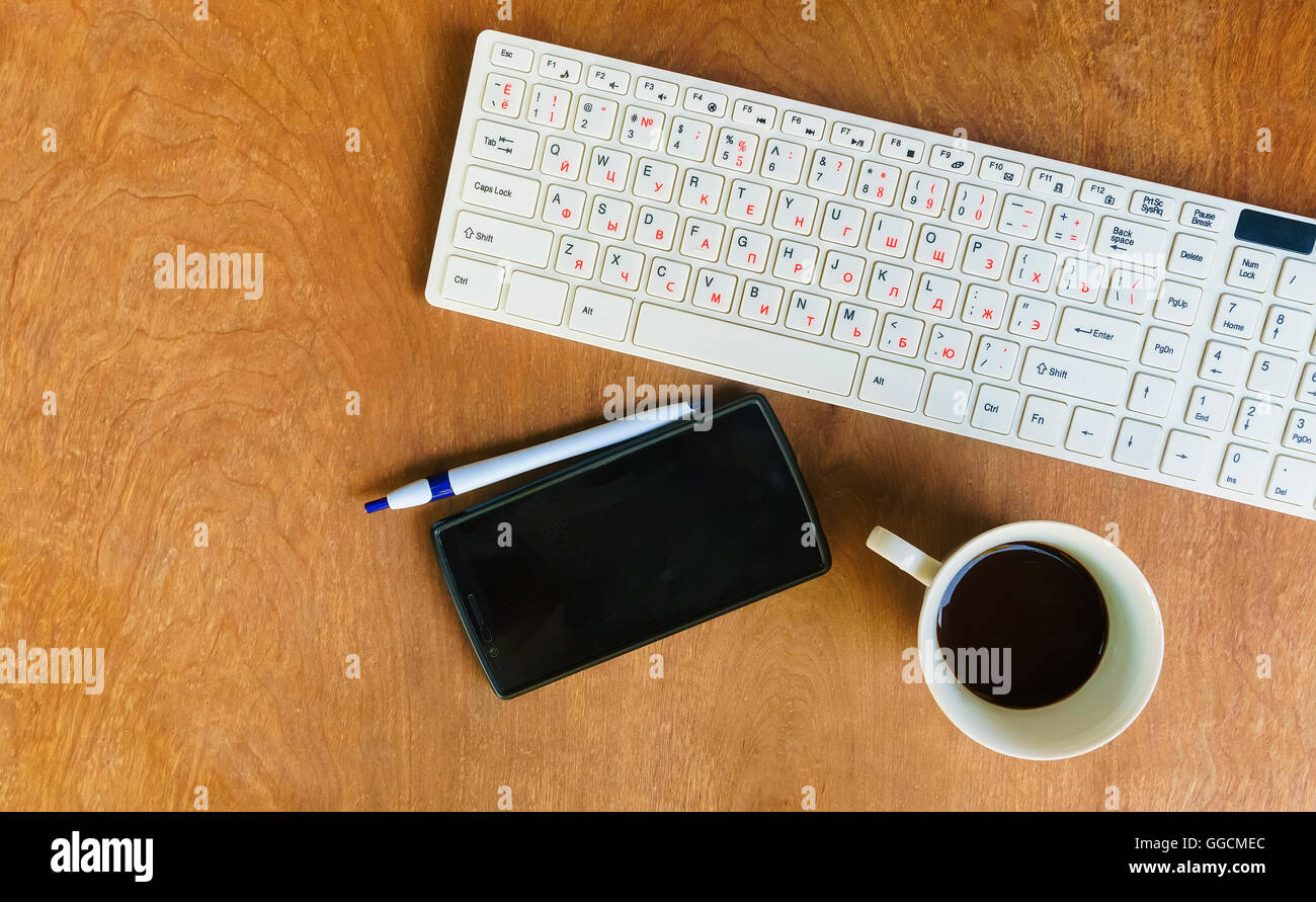 Office desk table with computer, supplies and coffee cup. coffee ...