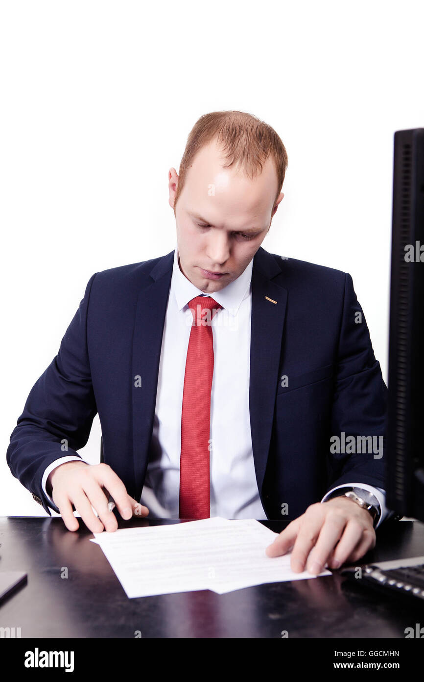 Close-up of male hand making notes in office. isolated on white Stock ...