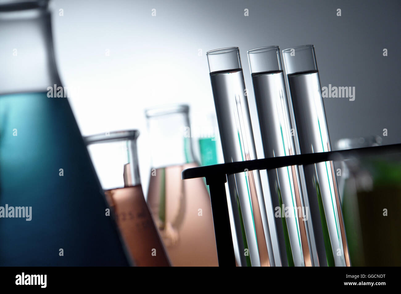 Laboratory glass test tubes filled with clear liquid on a rack for an ...