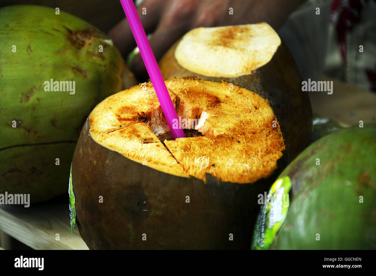 Prague Charles Square day Italian food fresh coconut with straw ...