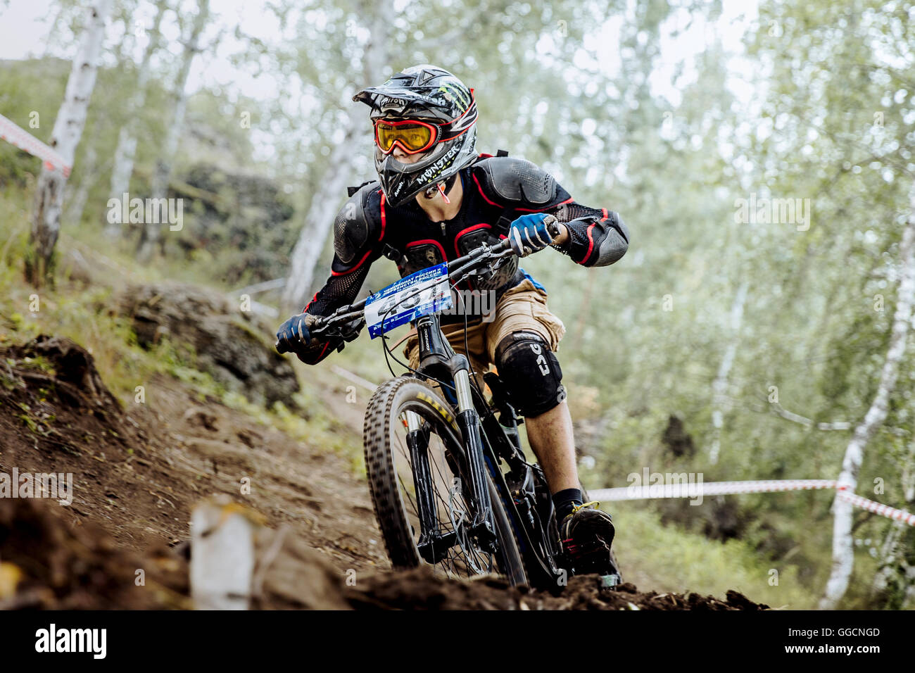 closeup of male extreme racer bike during National championship ...