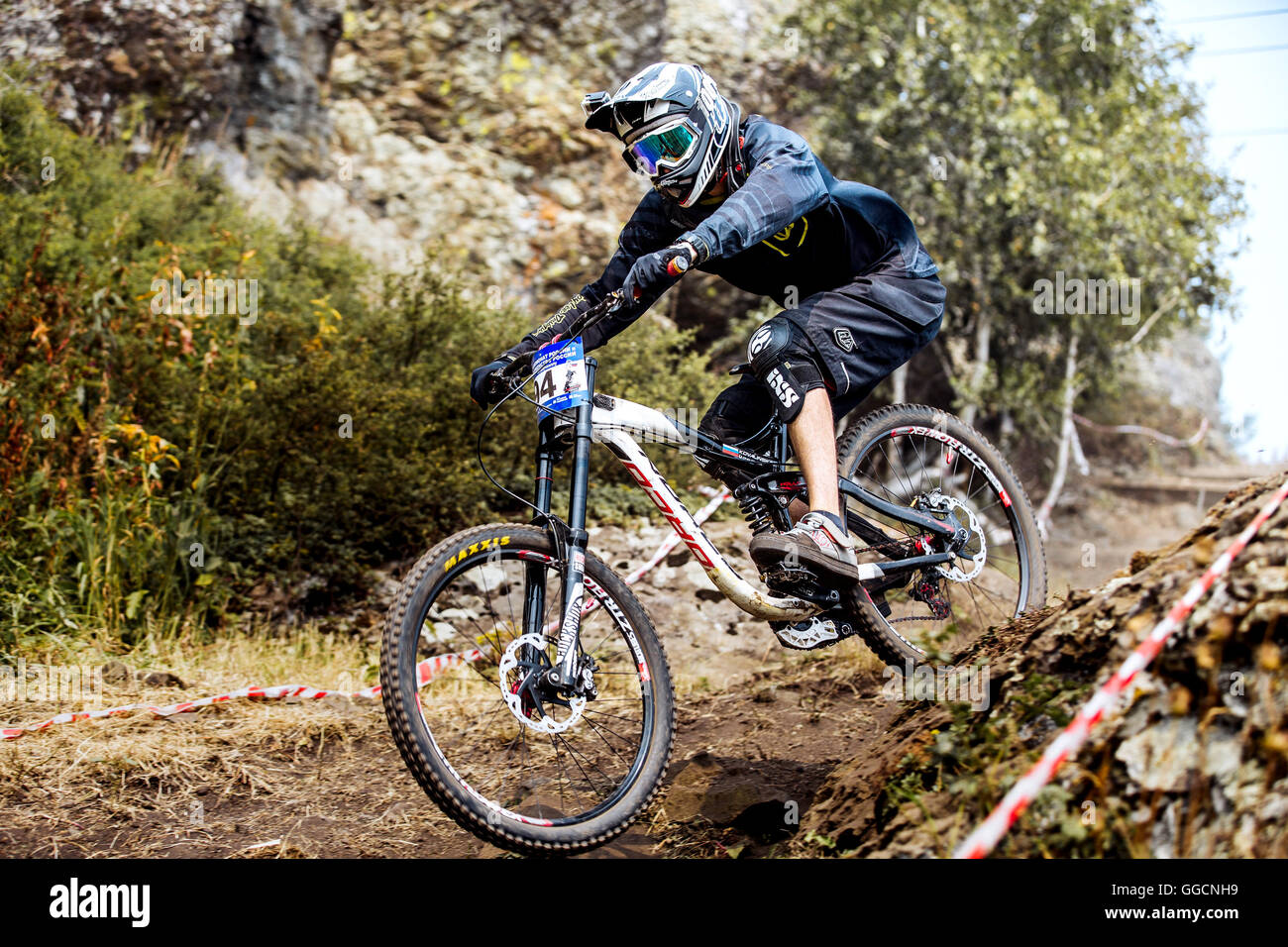 down hill men athlete bike during National championship downhill Stock ...